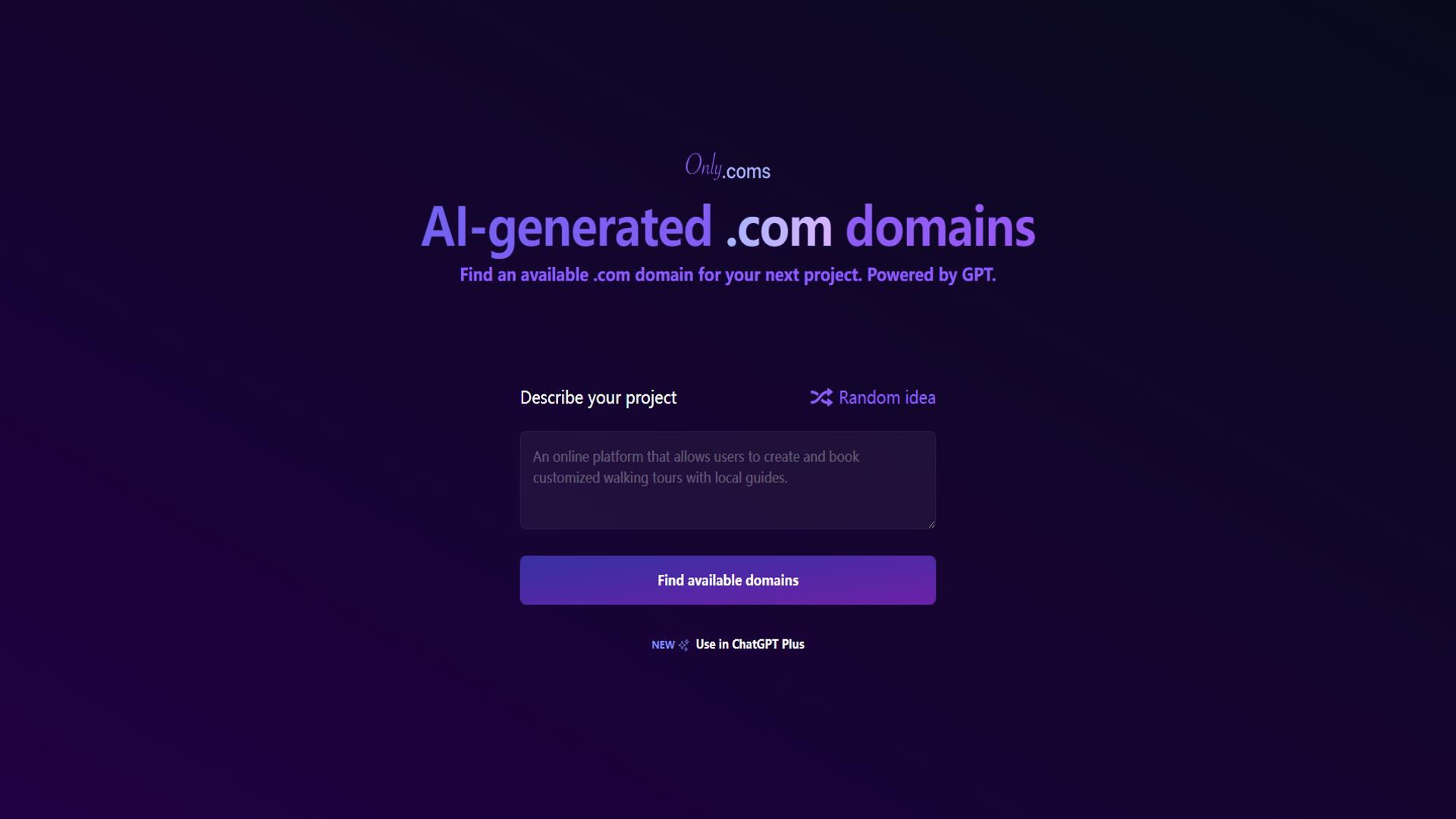AI-generated .com domains for your next project - OnlyComs